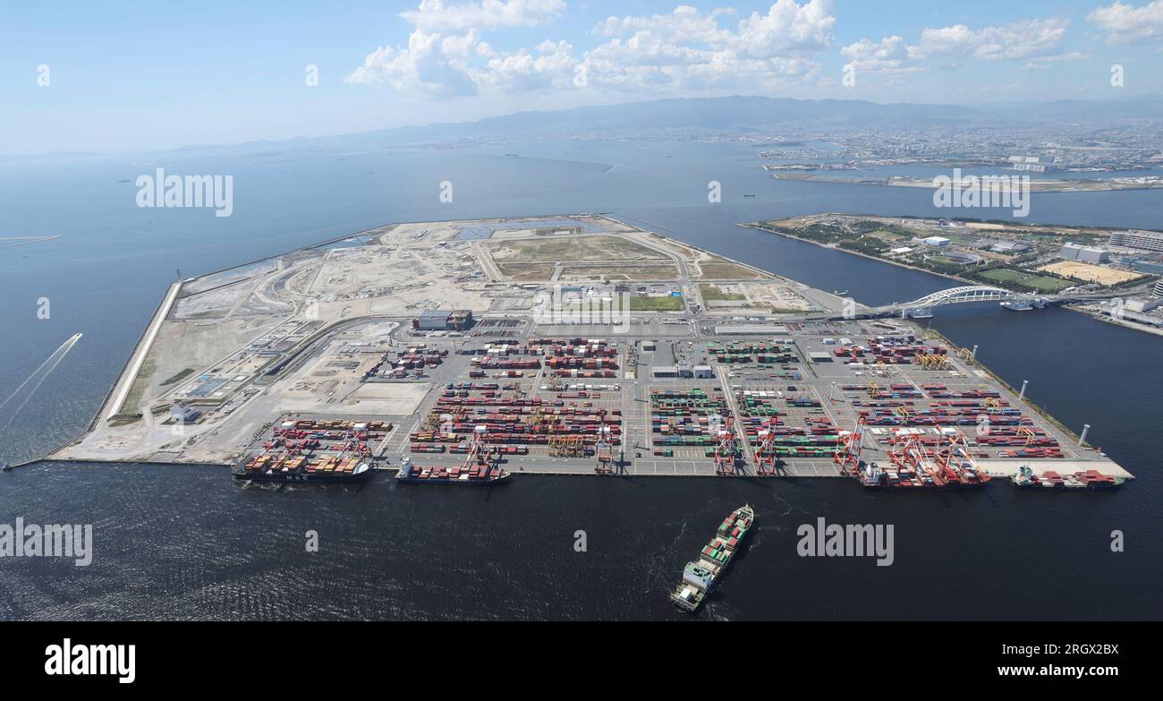 An aerial photo shows Yumeshima for World Expo 2025 Osaka in Konohana ...