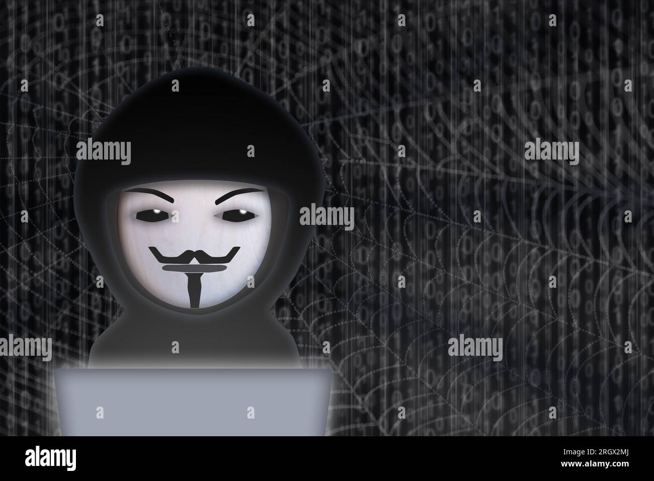 A scammer accesses data illegally from the dark web. Guy Fawkes mask ...