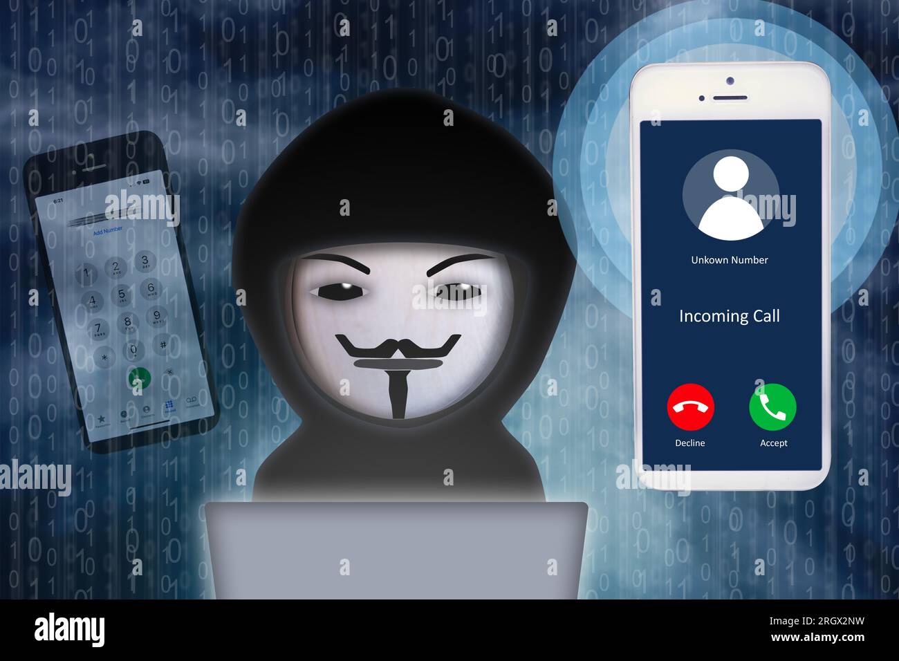 A fraudster is making a phone call to an unsuspecting victim with the ...