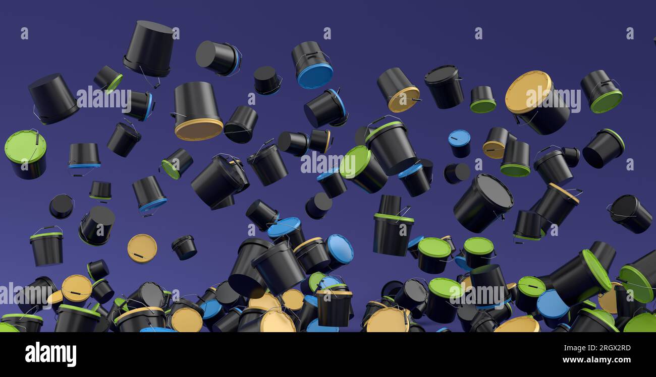 Many of flying plastic cans or buckets on violet background. 3d render ...