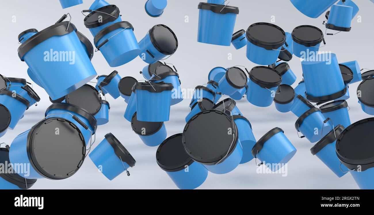 Many of flying plastic cans or buckets on white background. 3d render ...