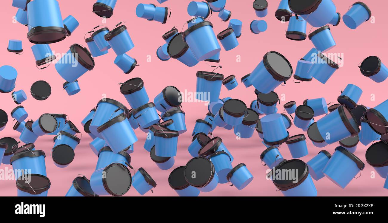 Many of flying plastic cans or buckets on pink background. 3d render of ...