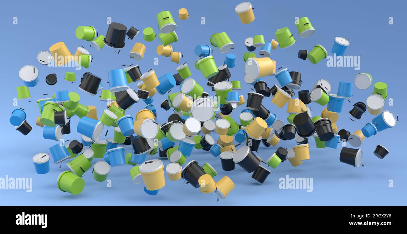 Many of flying plastic cans or buckets on blue background. 3d render of ...
