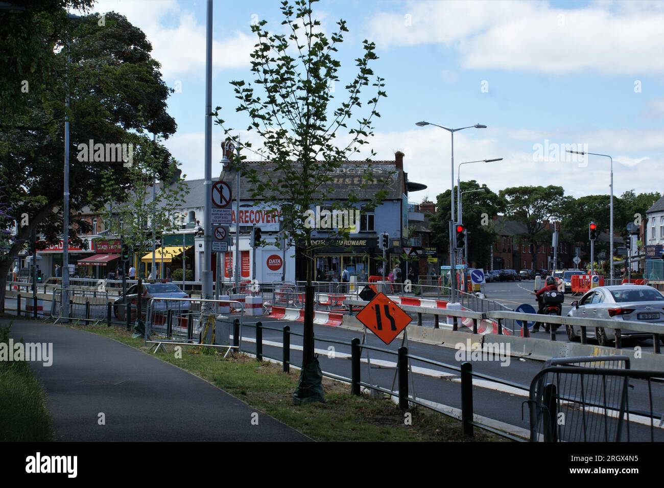 City traffic changes and road repairs. Road signs and fencing. Ireland ...