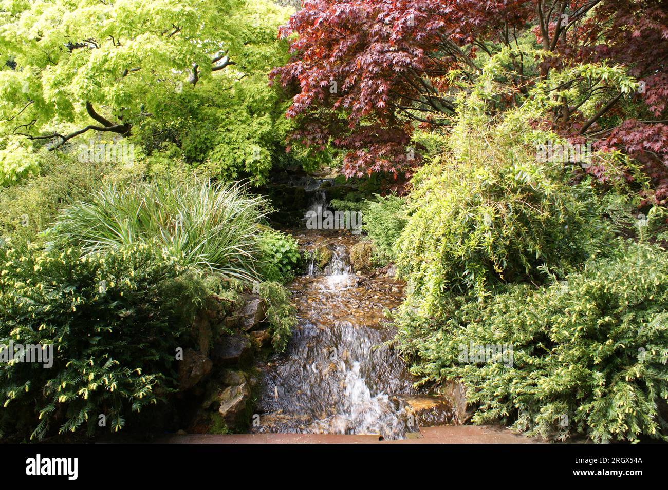 Landscape with a waterfall of a small river in a park. A public park in ...