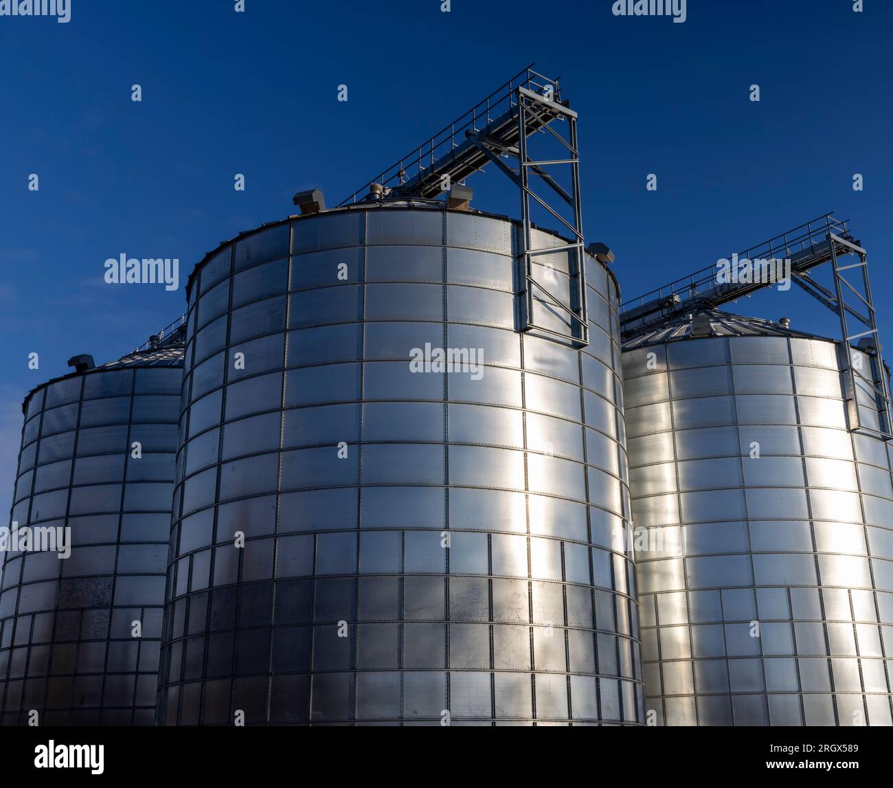 modern metal silo of large size, a silo at an agricultural enterprise ...