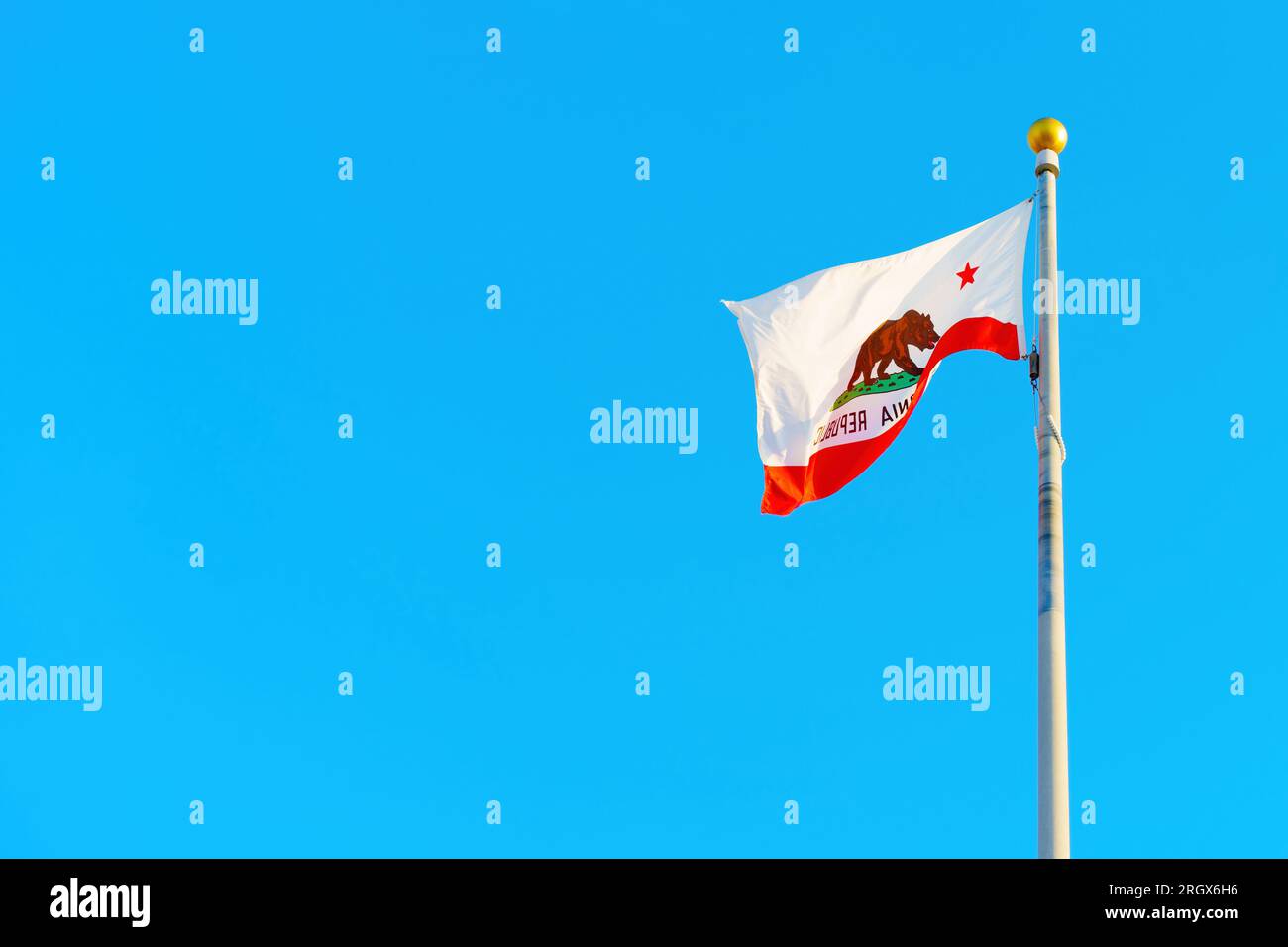 Close-up view of the California state flag waving proudly on a flagpole ...