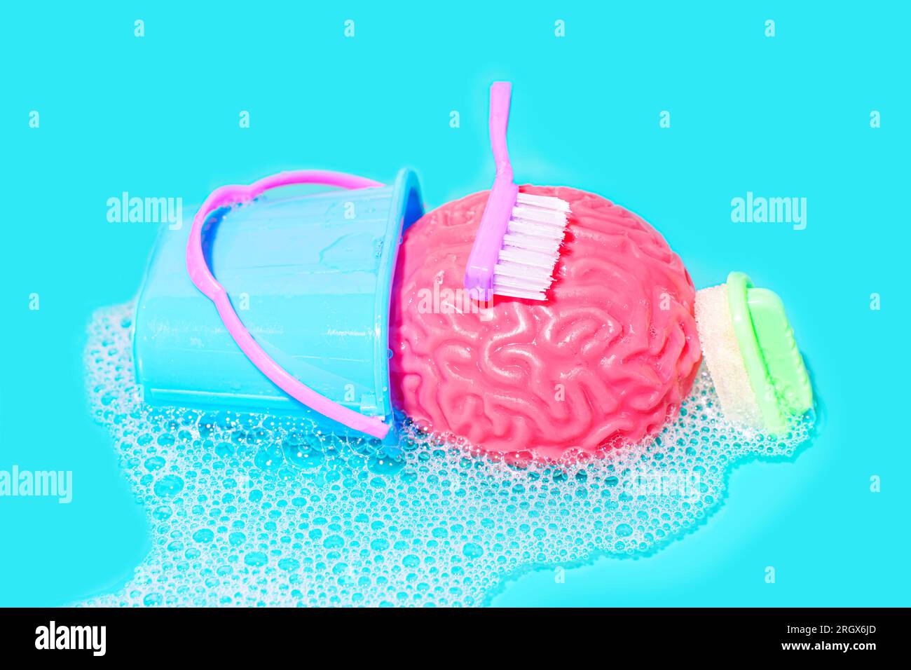 Mental purification: Human brain model set in soapy water, accompanied by essential household ...