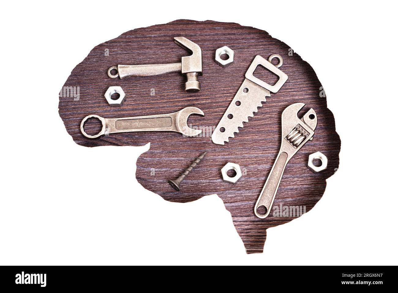 Brain-shaped figure filled with tiny replicas of common hand tools like ...
