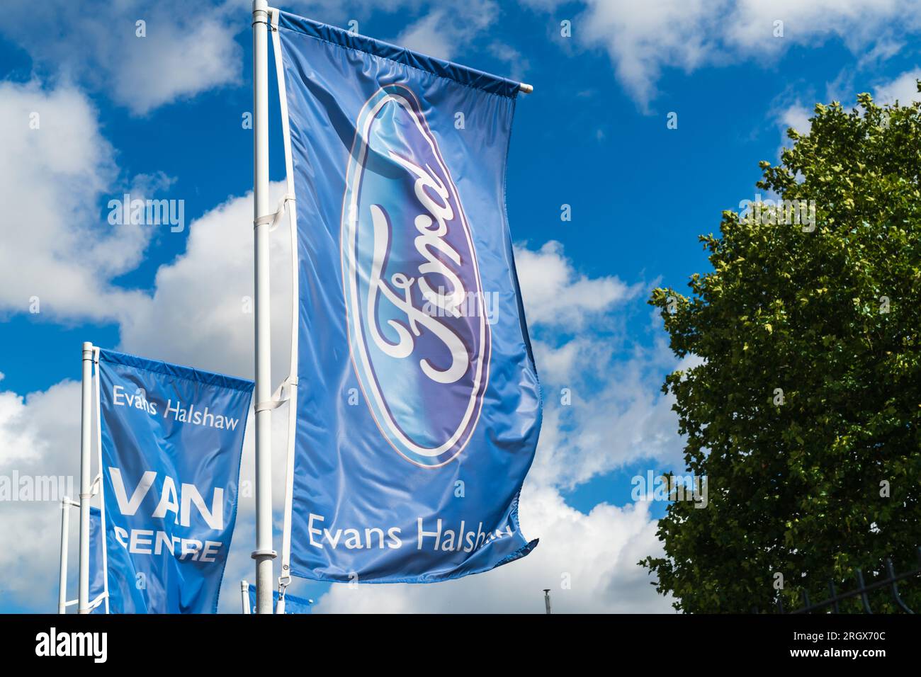 Wolverhampton, UK - August 11 2023: A flag banner with the Ford logo ...