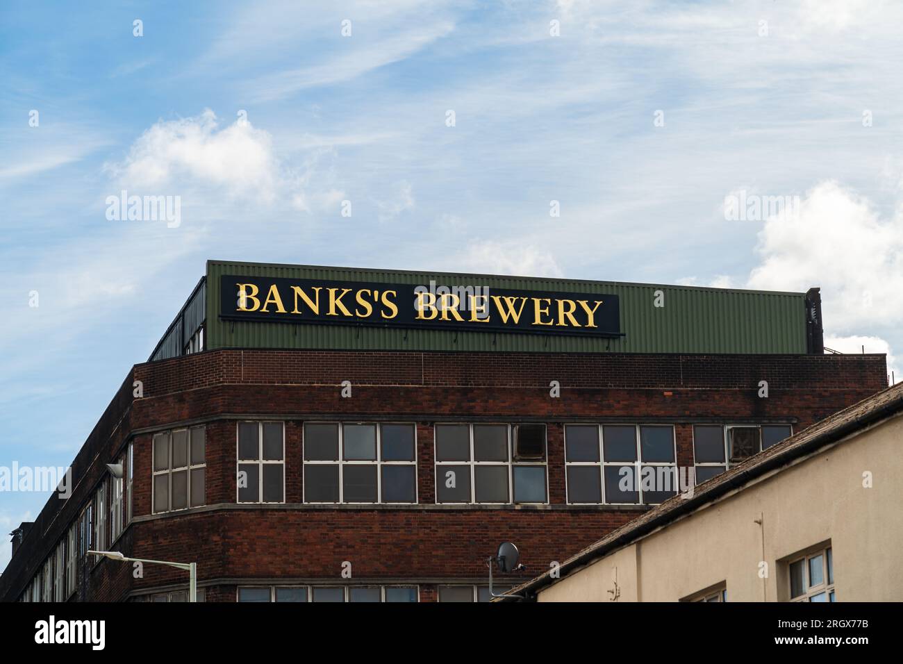 Wolverhampton, UK - August 11 2023: Exterior signage of Bank's Brewery ...