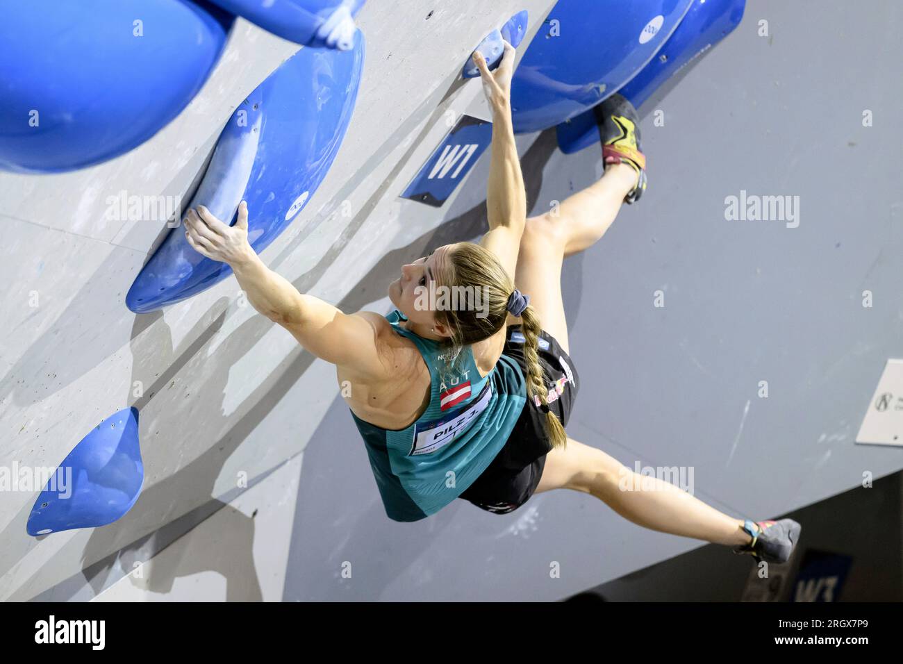 Jessica Pilz of Austria competes in the women's Boulder and Lead final ...