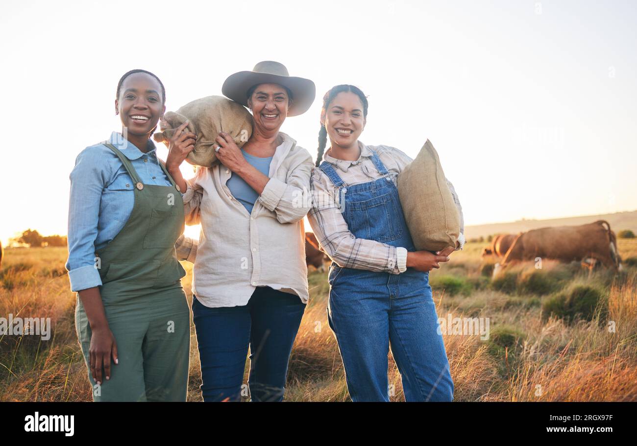 Farm portrait, women and countryside with a smile from working on a ...