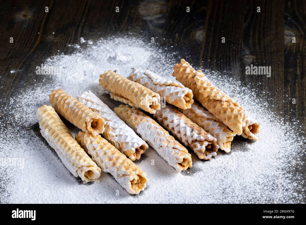 waffle tubes made of wheat flour, eggs and sugar, sweet dessert waffle ...