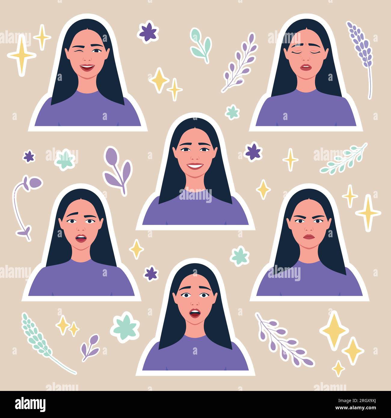 Woman emotional sticker pack. Human emotions. Young woman confusing ...