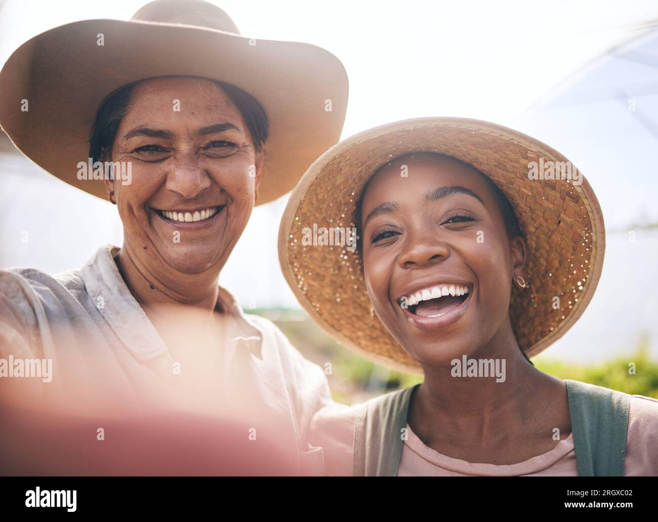 Farming, smile and selfie of women in greenhouse, sustainable small ...