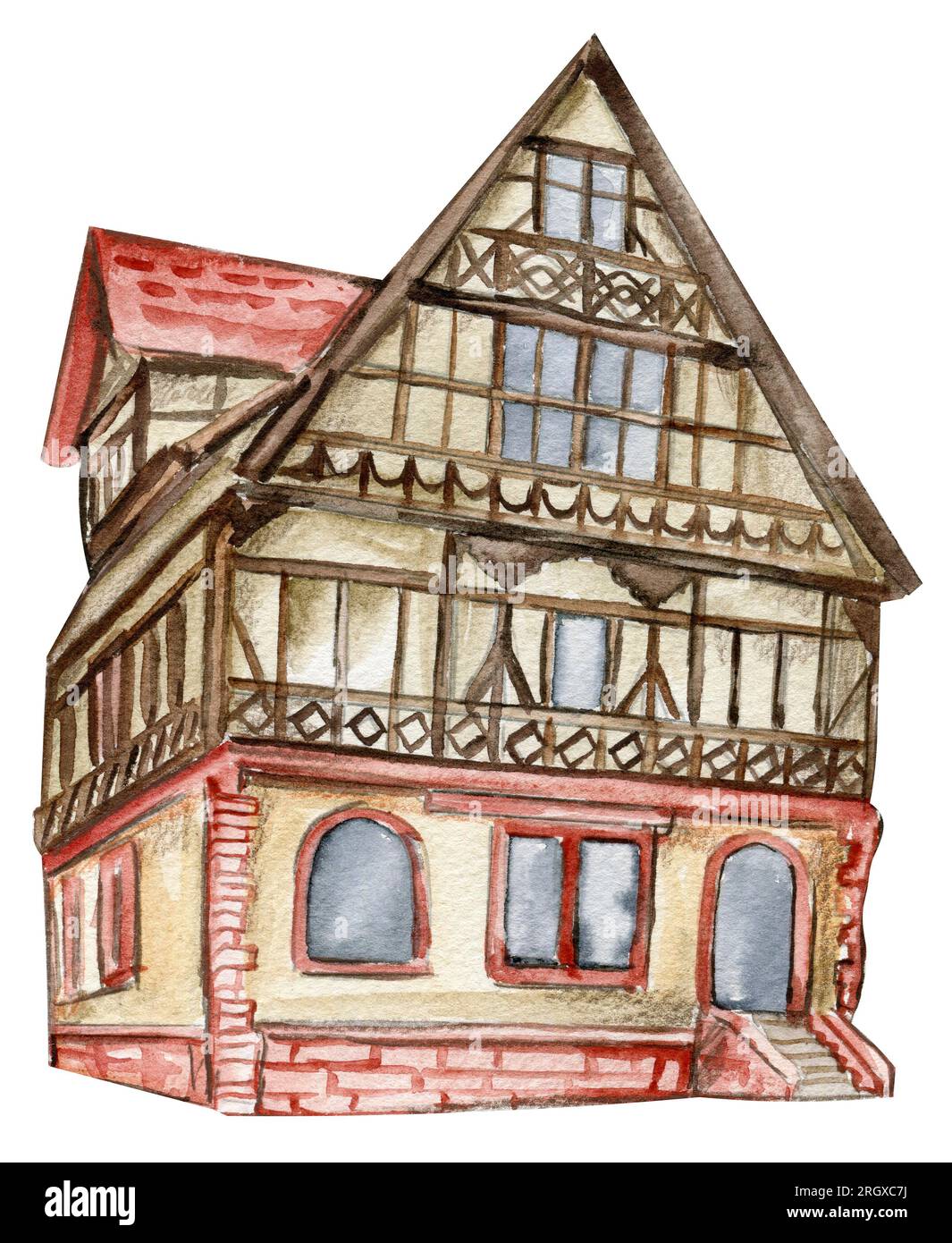 Watercolor illustration of an old wooden half-timbered country house ...