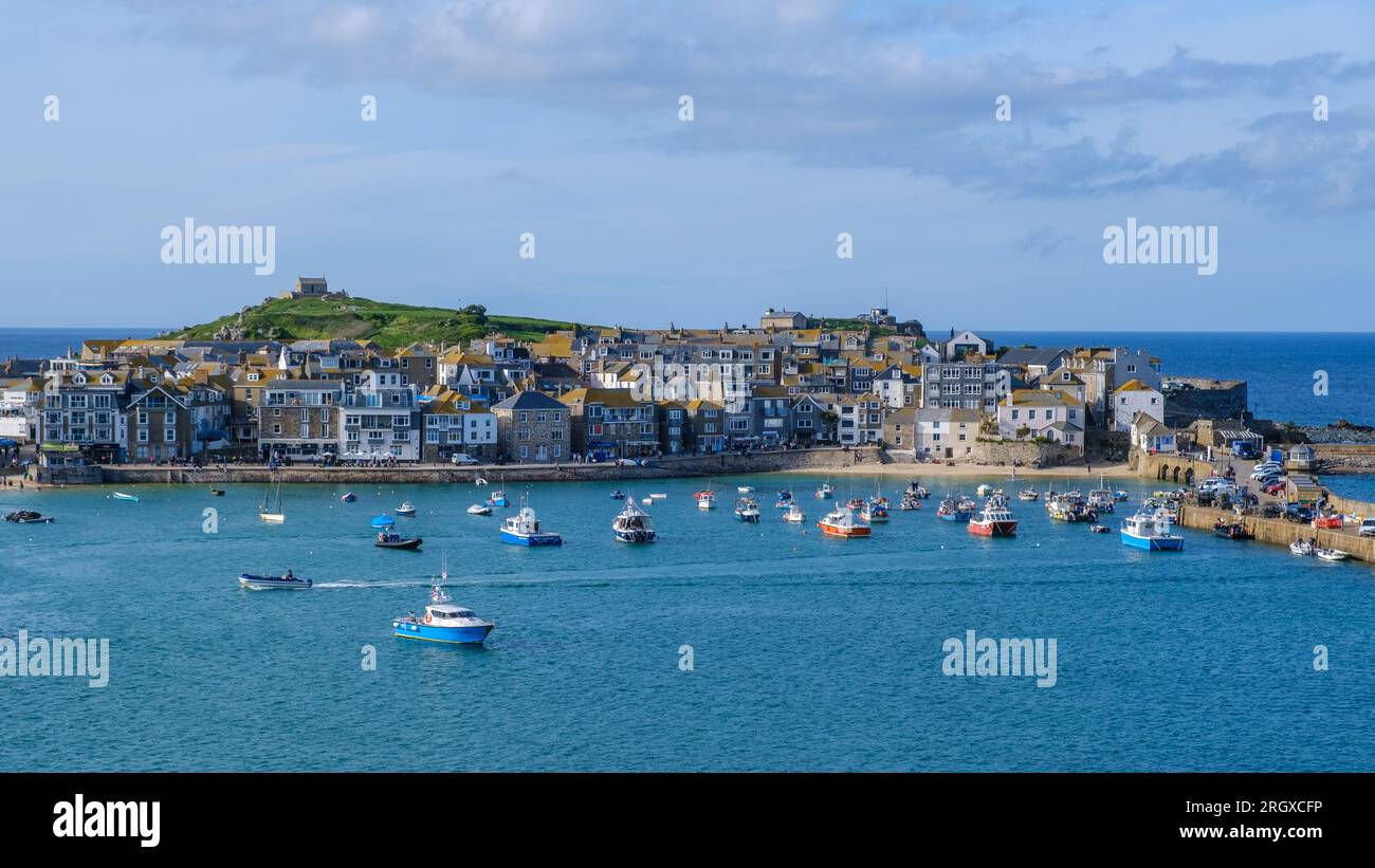 Aerial view of St Ives town centre, & coastline, Cornwall, England ...