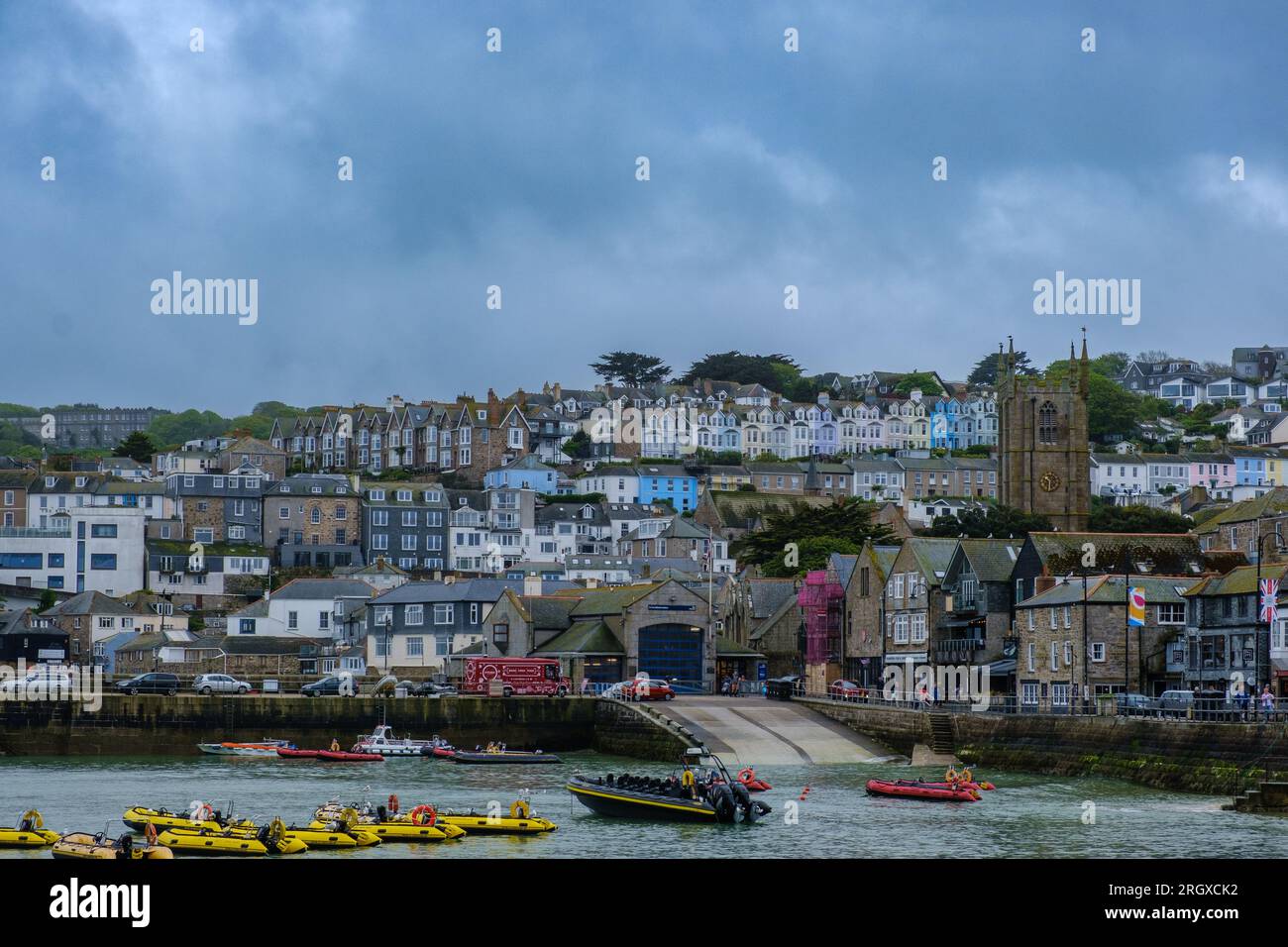 Aerial view of St Ives town centre, & coastline, Cornwall, England ...