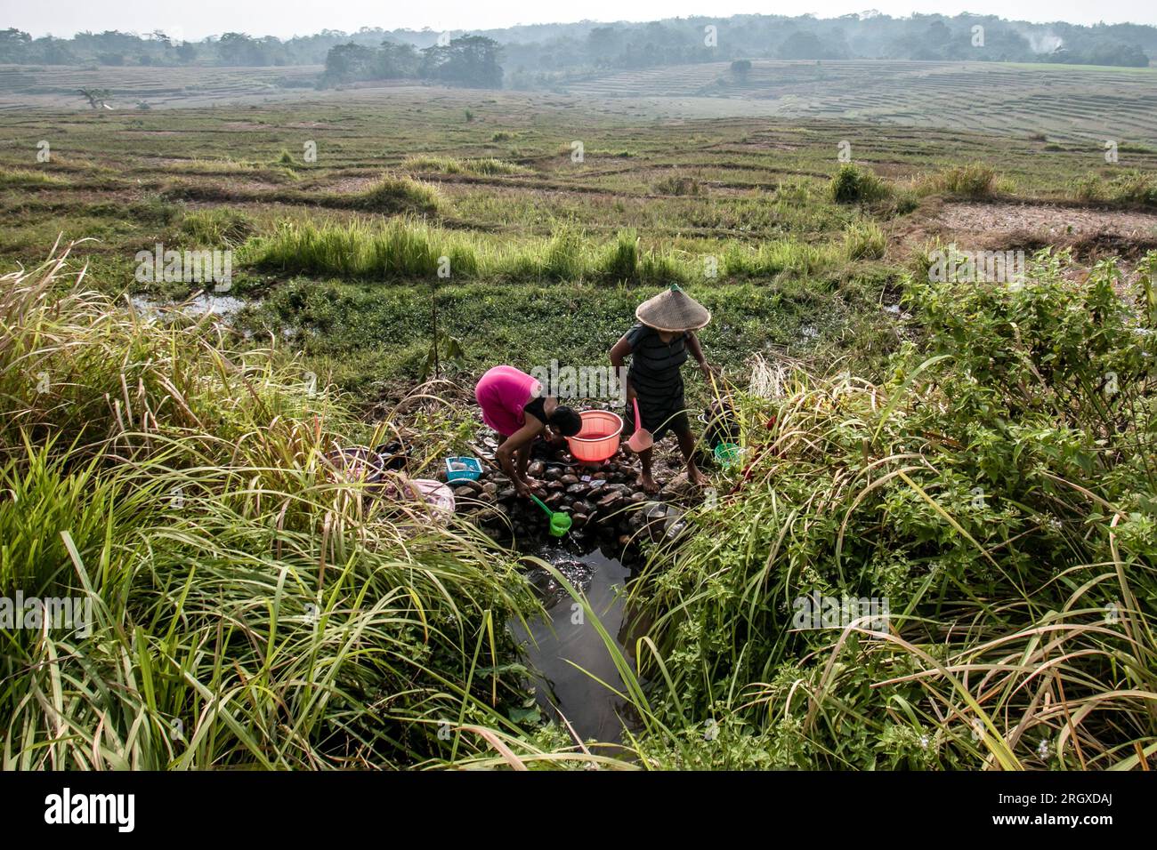 Bogor, Indonesia. 12th Aug, 2023. A resident fills water into his ...
