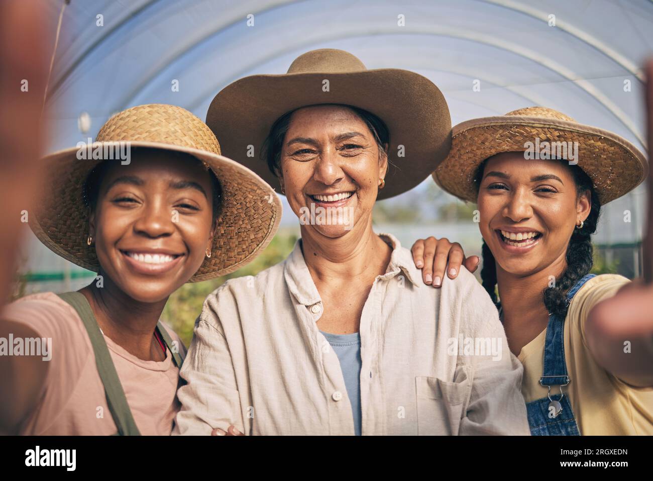 Greenhouse, smile and selfie of group of women in farming, sustainable ...