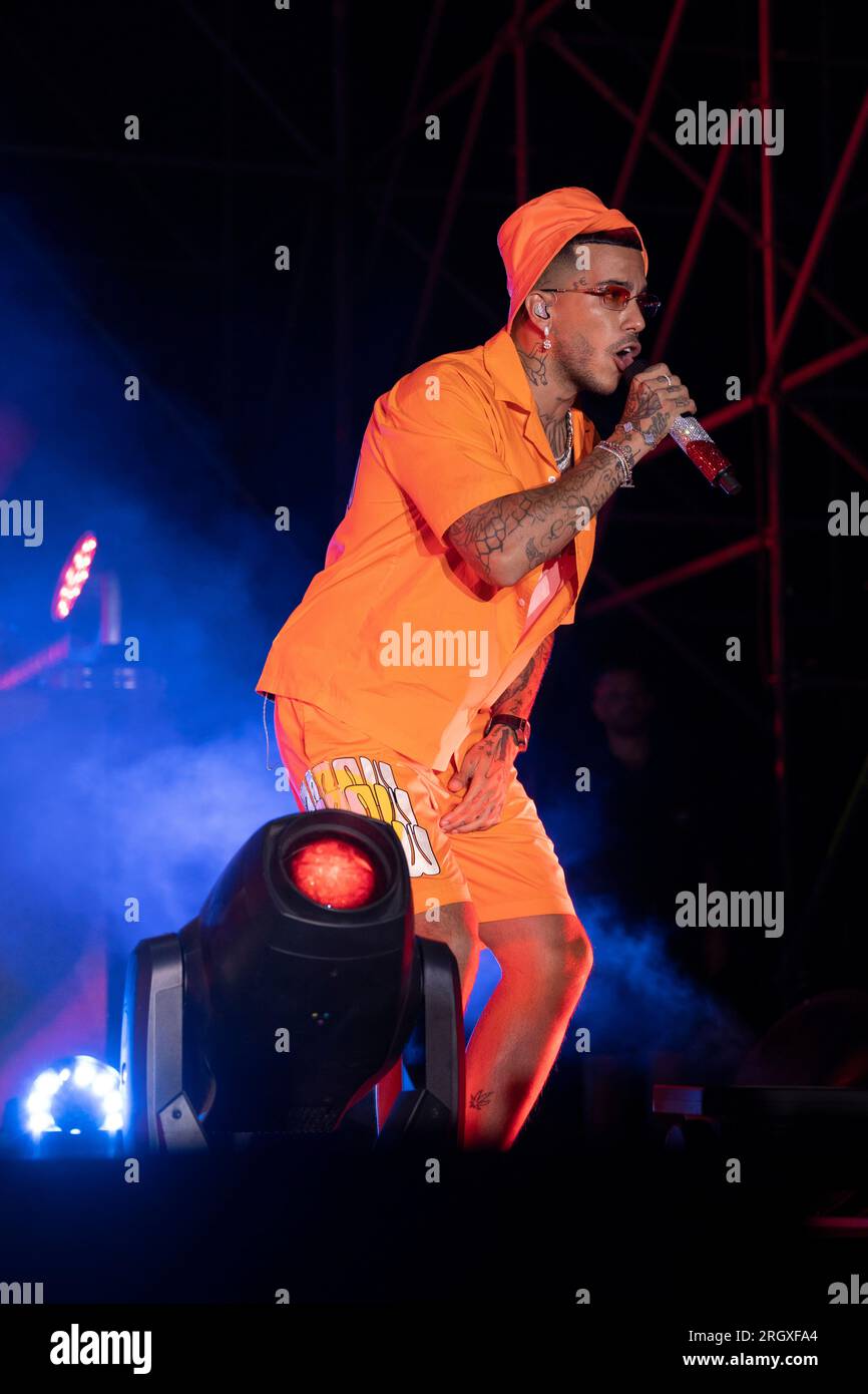 Baia Domizia, Italy. 11th Aug, 2023. Sfera Ebbasta performs at Arena Dei Pini of Baia Domizia ...