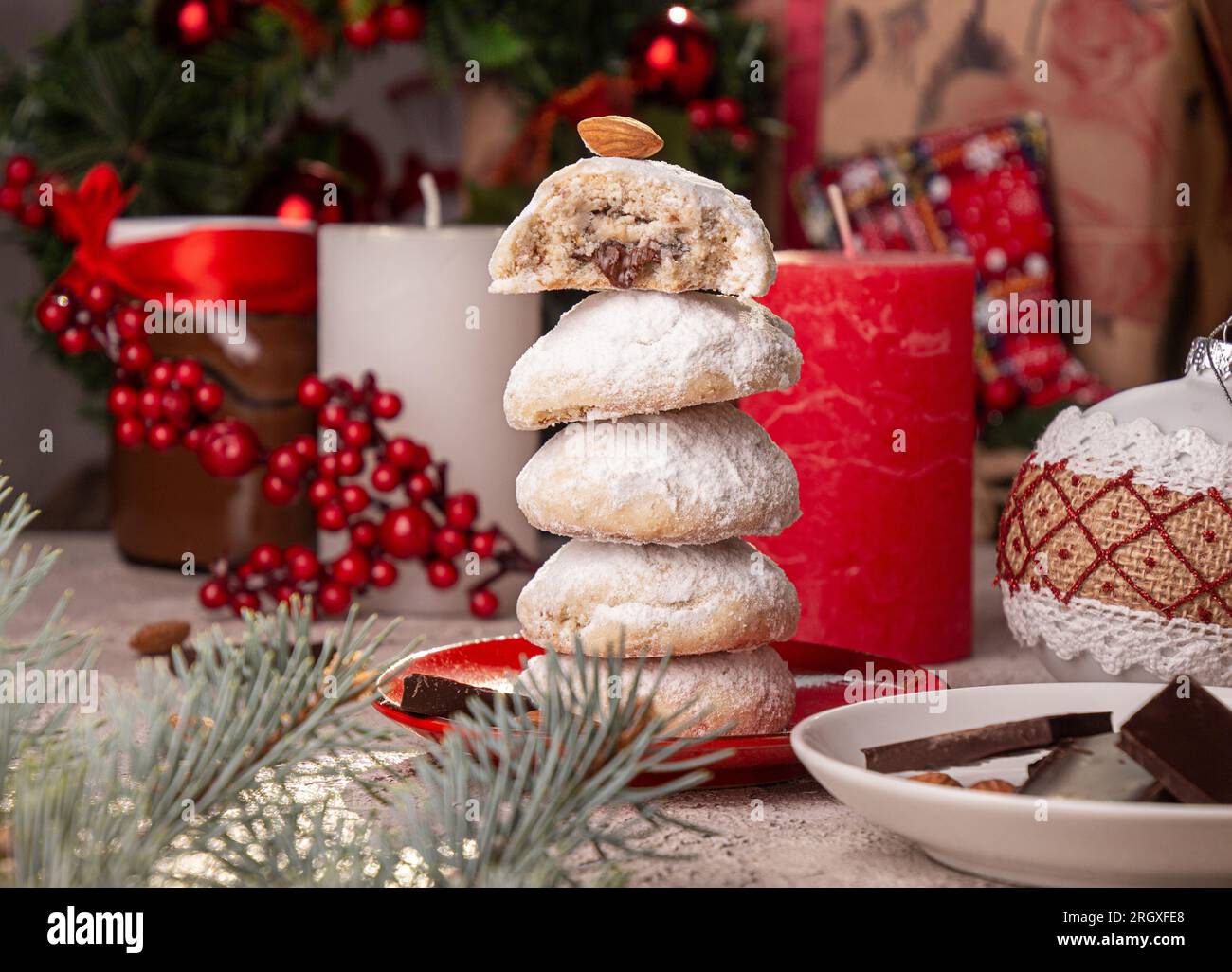 Traditional Christmas cookies biscuits snowballs covered icing sugar ...