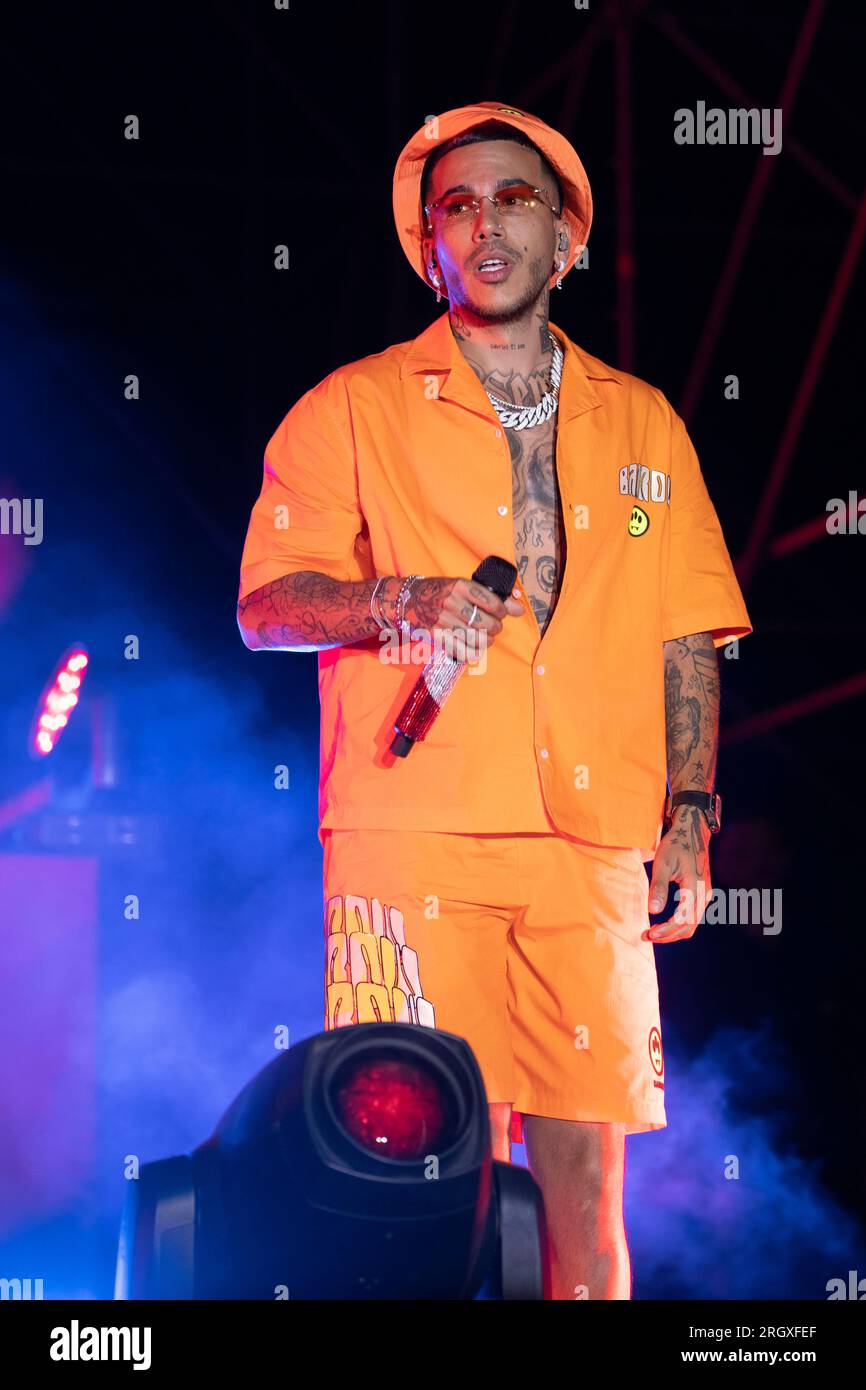 Baia Domizia, Italy. 11th Aug, 2023. Sfera Ebbasta performs at Arena Dei Pini of Baia Domizia ...
