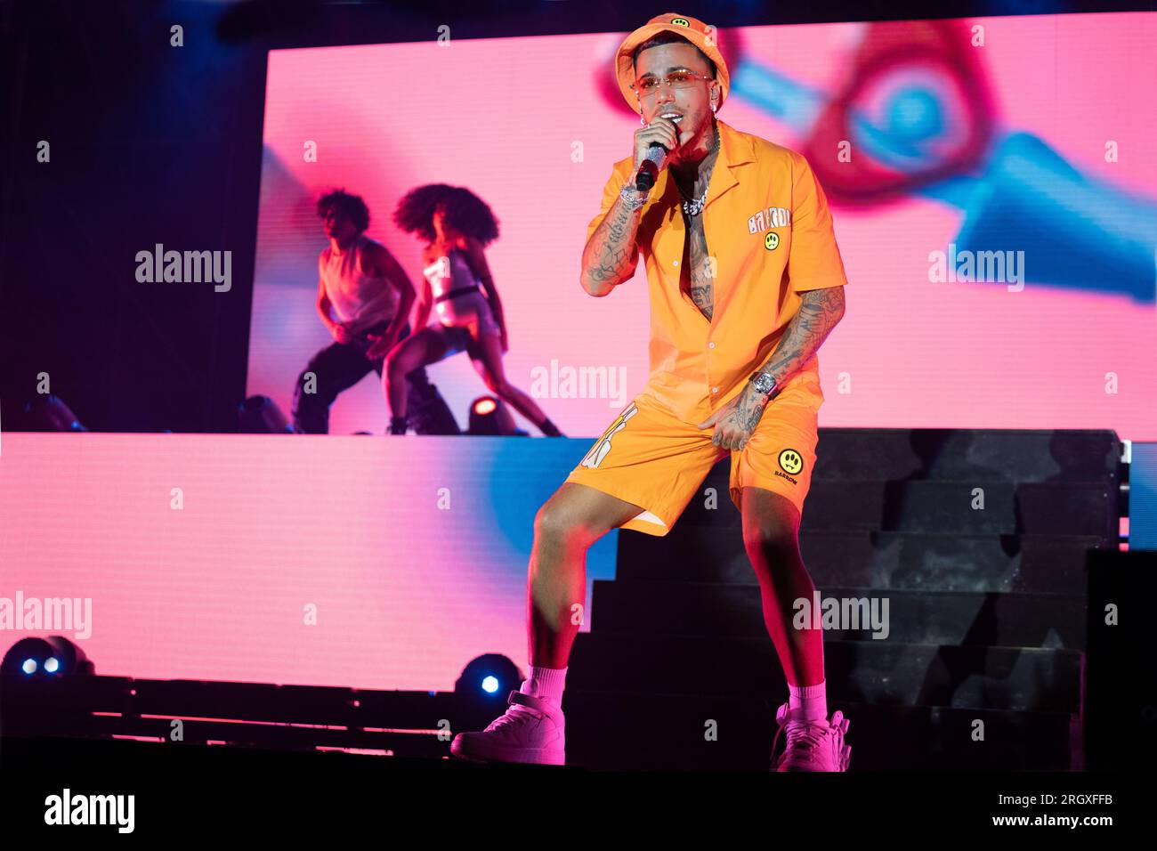 Baia Domizia, Italy. 11th Aug, 2023. Sfera Ebbasta performs at Arena Dei Pini of Baia Domizia ...