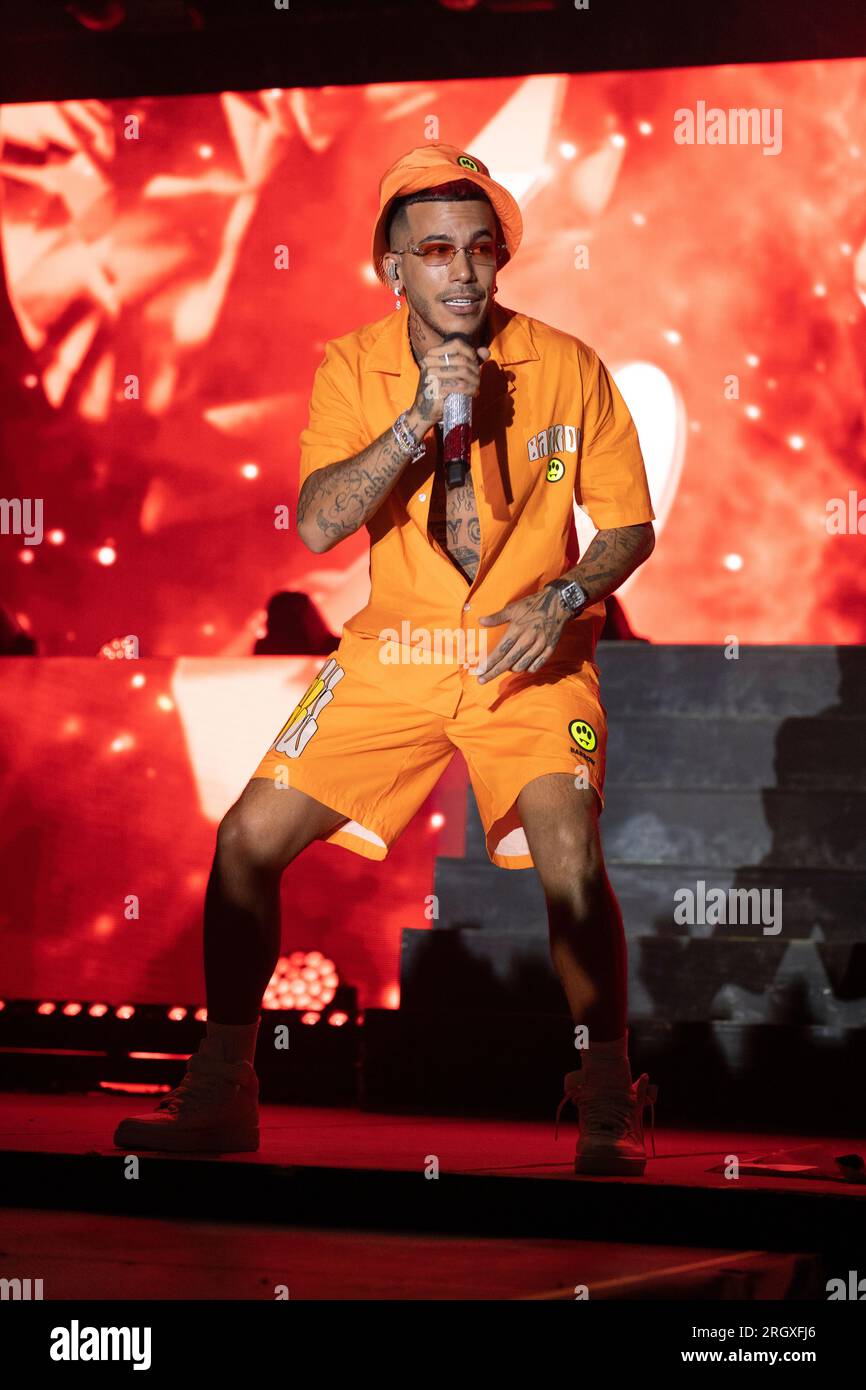 Baia Domizia, Italy. 11th Aug, 2023. Sfera Ebbasta performs at Arena Dei Pini of Baia Domizia ...
