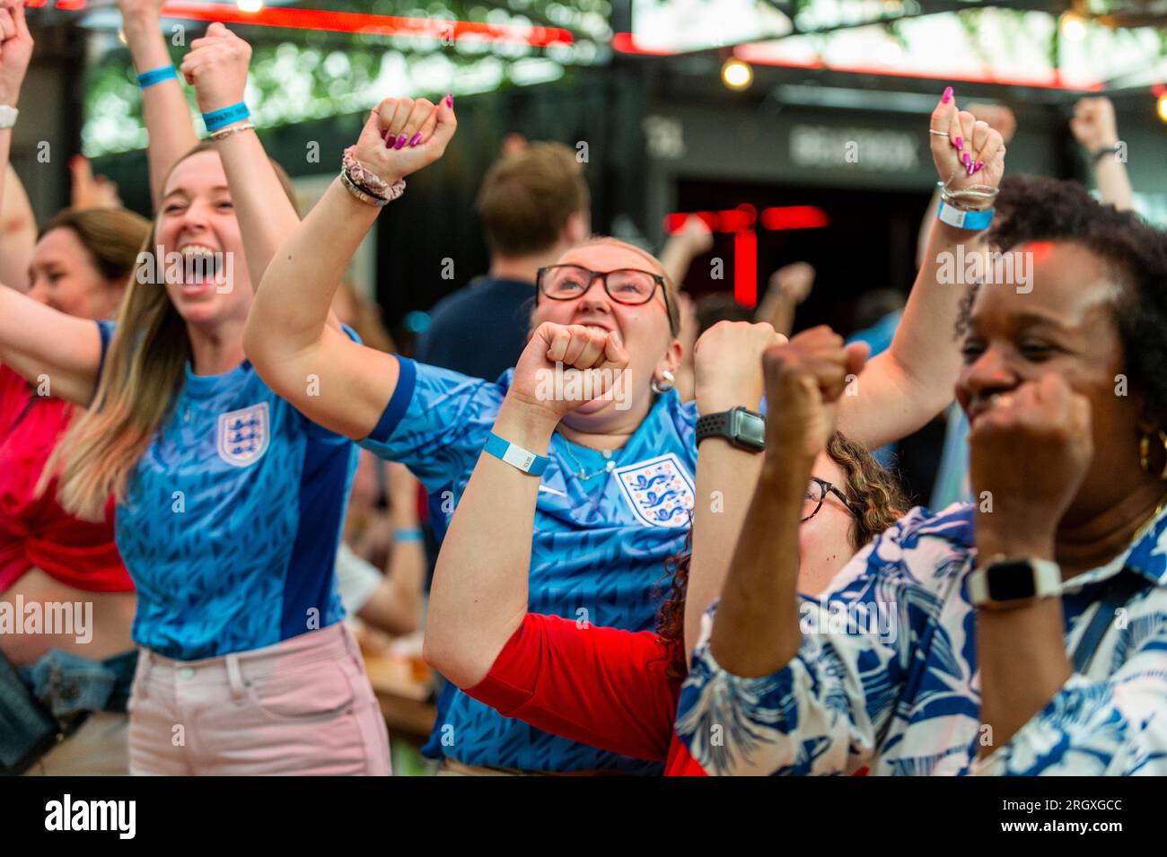 London, UK. 12 August 2023. England fans at BOXPARK in Shoreditch ...