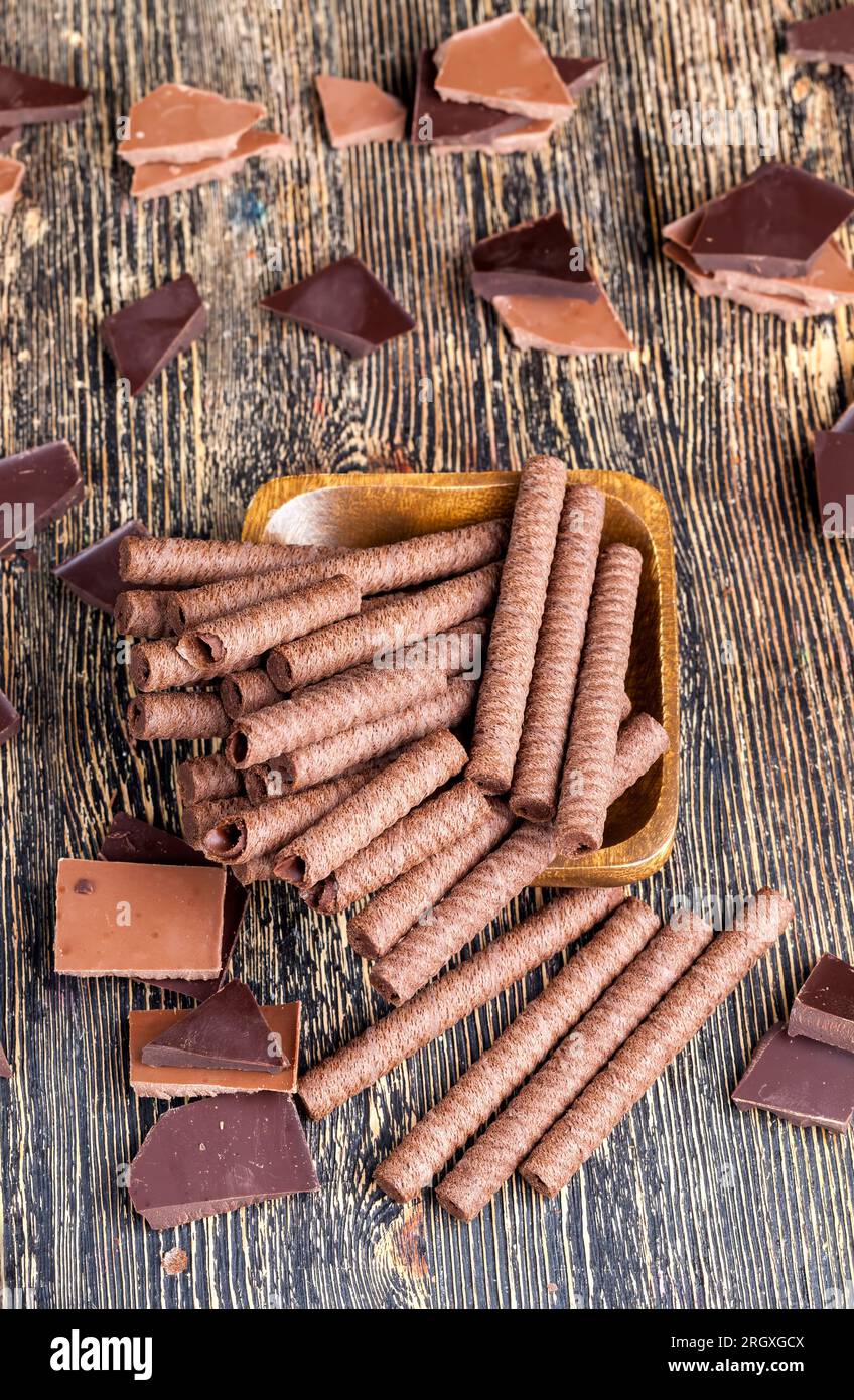 chocolate tubes with chocolate filling, dessert of chocolate waffle ...