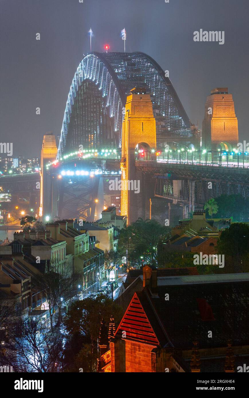 Sydney Harbour Bridge in Sydney, Australia, by night with Lower Fort ...
