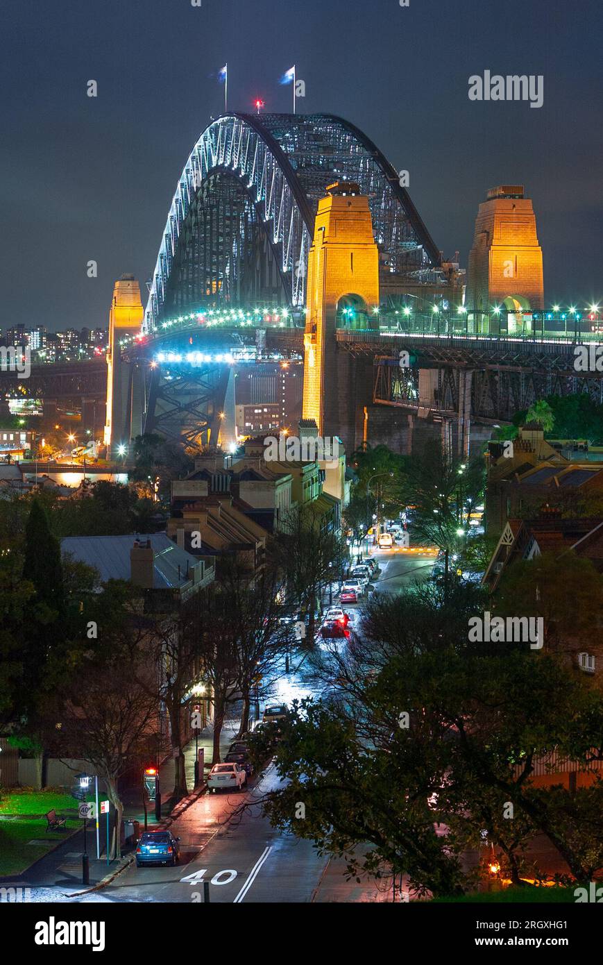 Sydney Harbour Bridge in Sydney, Australia, by night with Lower Fort ...