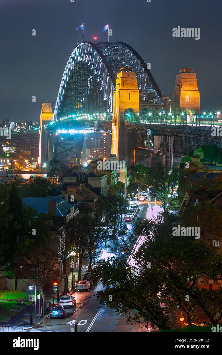 Sydney Harbour Bridge in Sydney, Australia, by night with Lower Fort ...