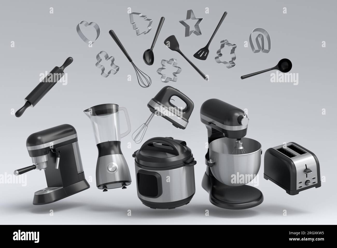 Electric kitchen appliances and utensils for making breakfast on white ...