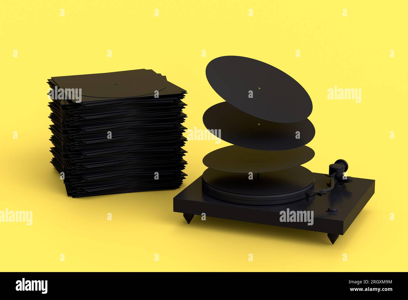Set of Hi-fi speakers with loudspeakers and DJ turntable with vinyl LP ...