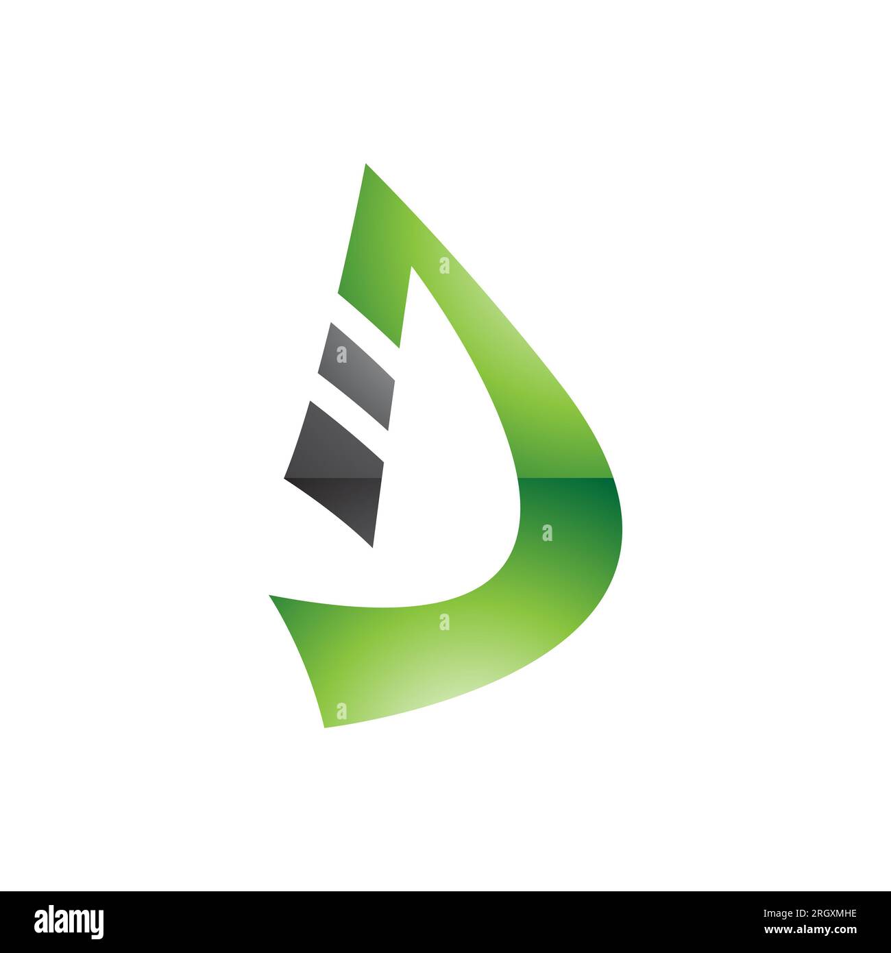 Black and Green Glossy Curved Strip Shaped Letter D Icon on a White ...