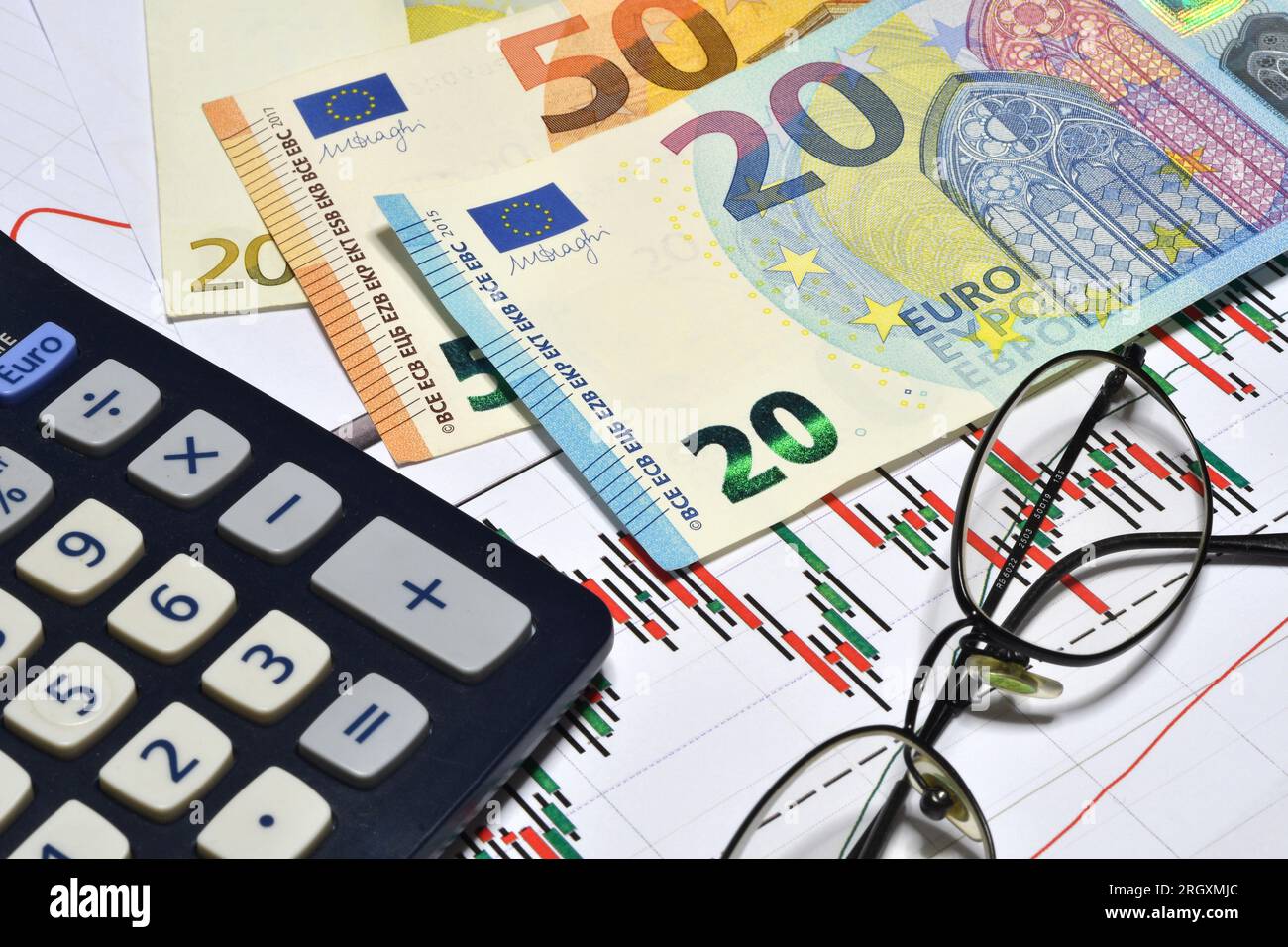 Calculator, euro money with charts and glasses at office. Business ...