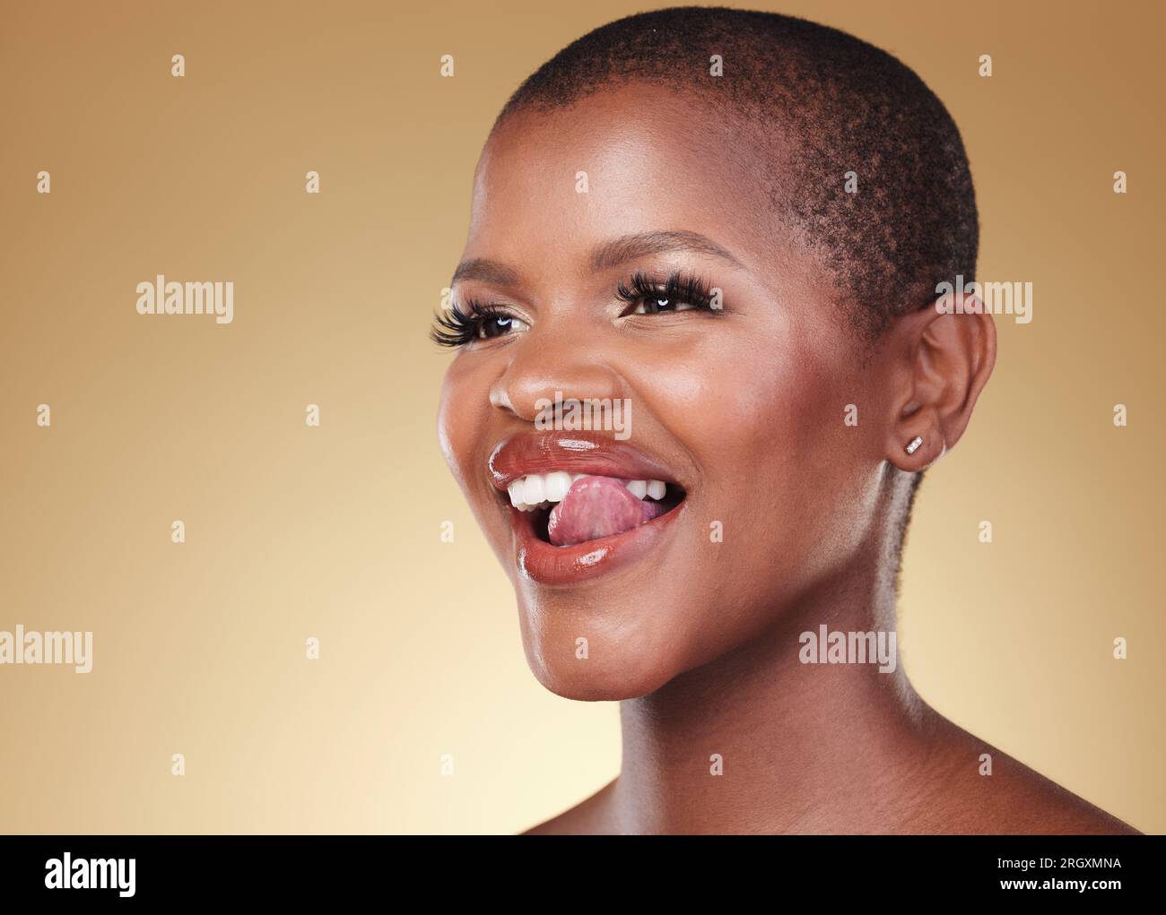 Beauty, tongue out and black woman beauty in studio for cosmetic ...