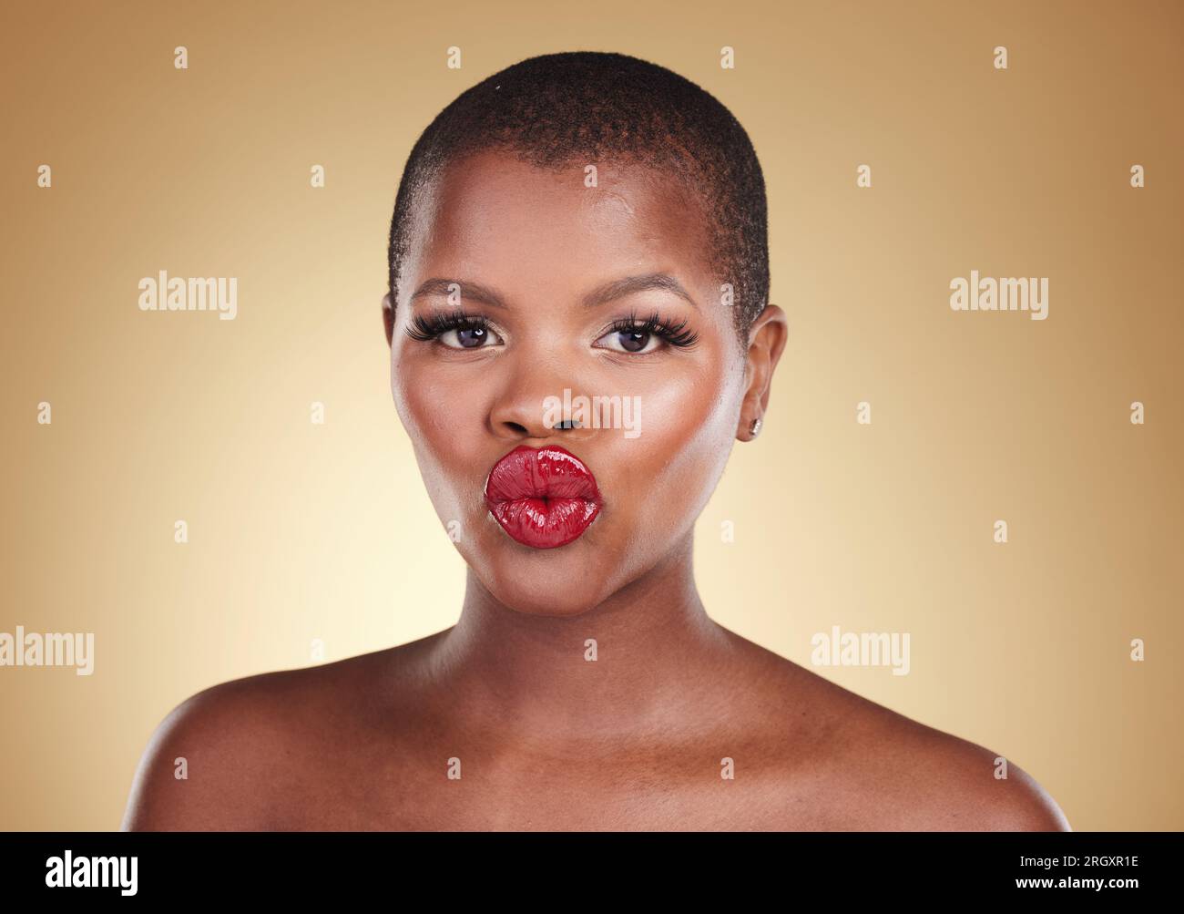 Black woman, lips and kiss, red lipstick and beauty with makeup and ...