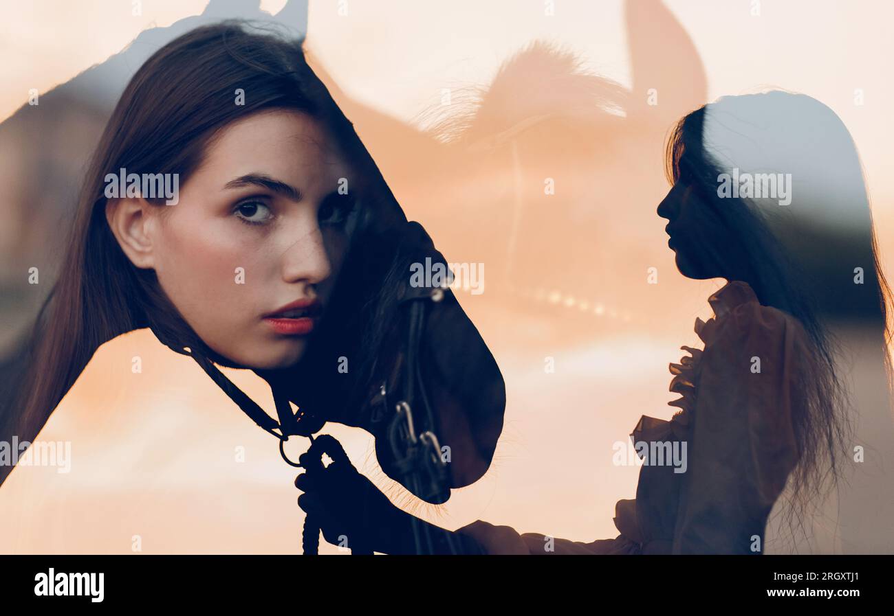 Woman silhouette profile portrait with her horse at outdoors ranch ...