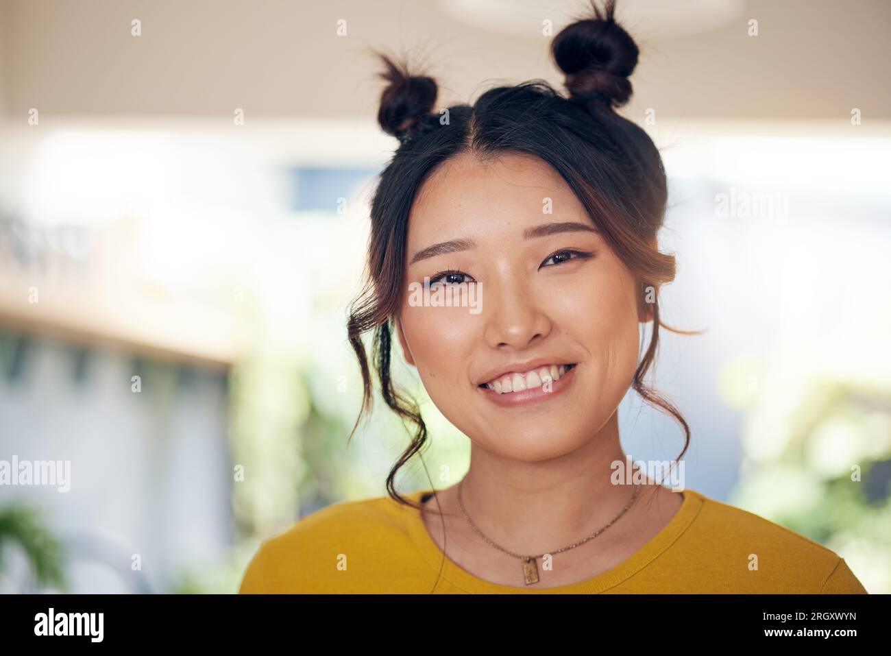 Asian, woman and happy portrait in home with cool gen z person with a ...