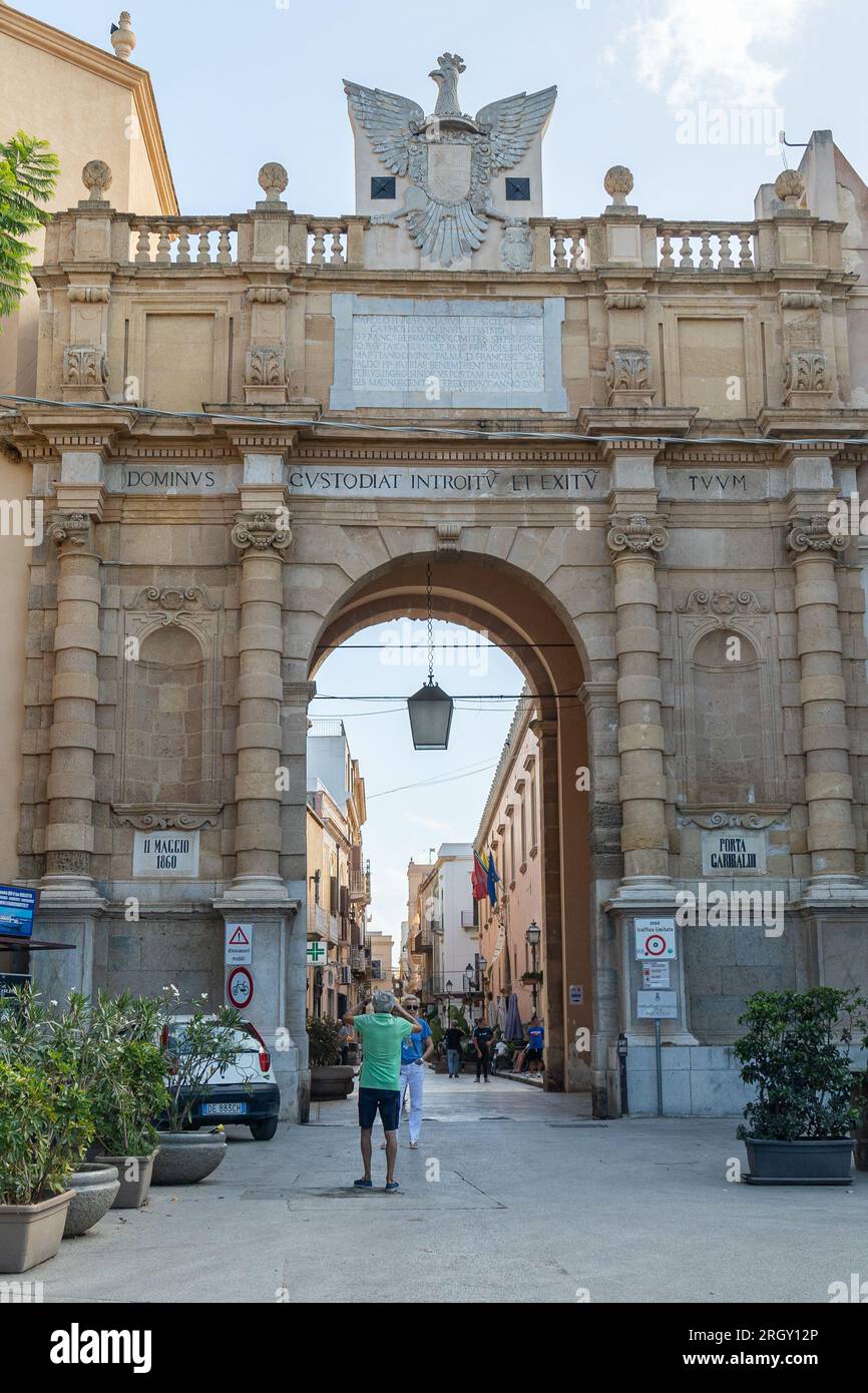 Marsala, Italy - august 5 2023 - porta Garibaldi access to historic ...