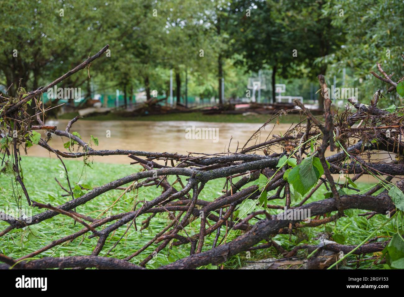 Flooded river after heavy rain. Severe weather disaster Stock Photo - Alamy