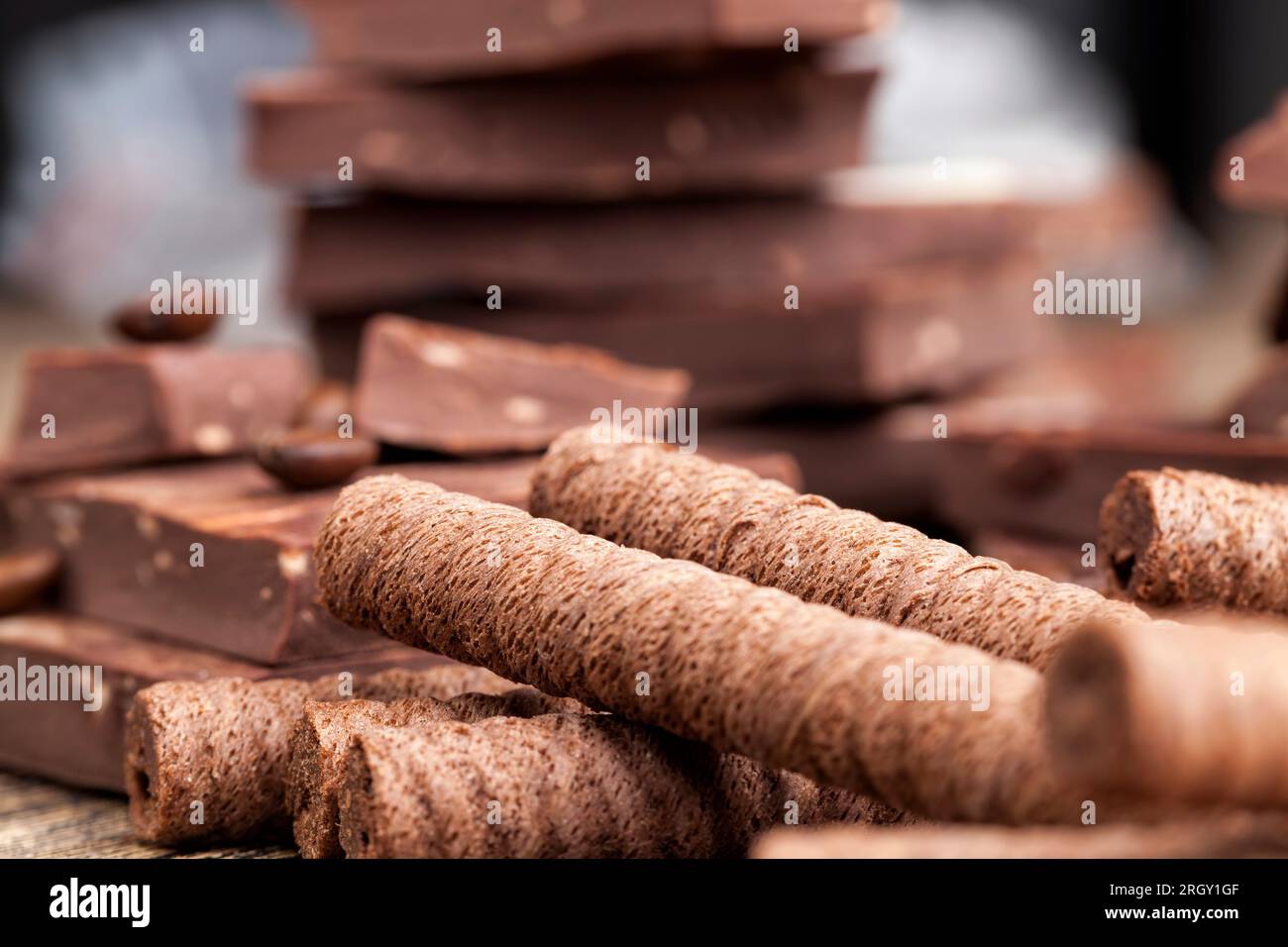 chocolate waffle tubes with chocolate filling and pieces of homemade ...