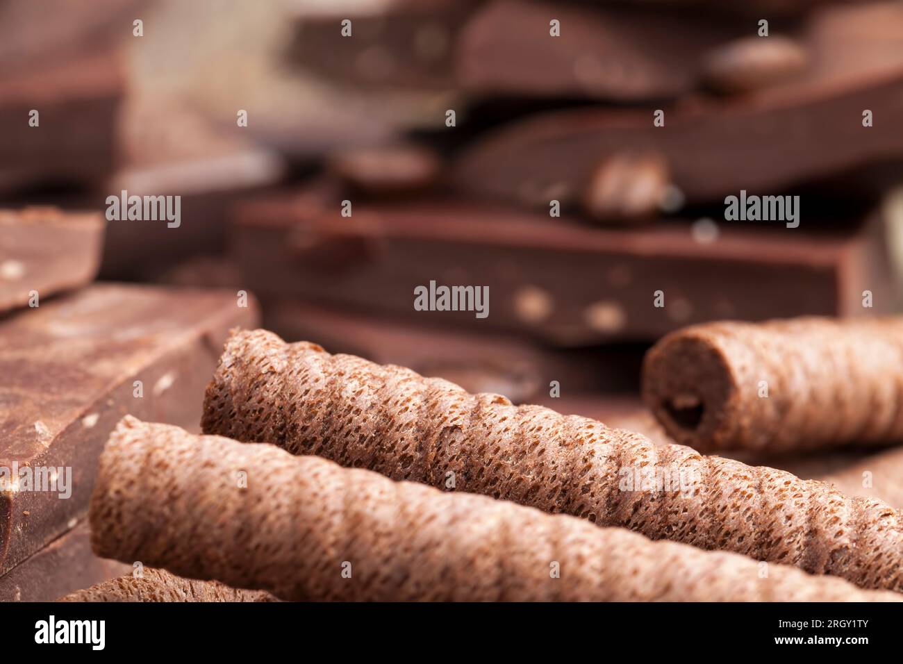 chocolate waffle tubes with chocolate filling and pieces of homemade ...