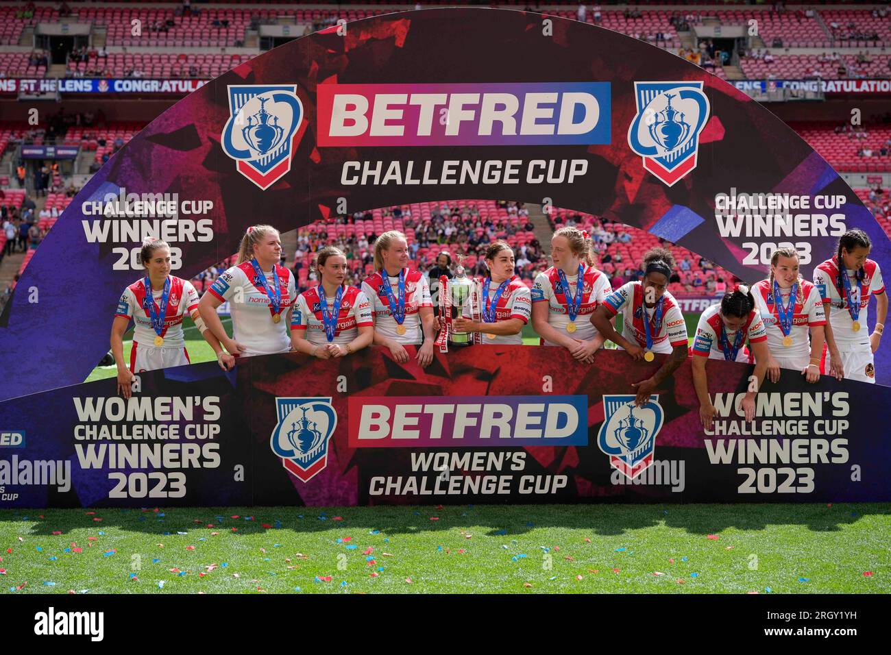 St. Helens Women display the BetFred Women's Challenge Cup trophy ...