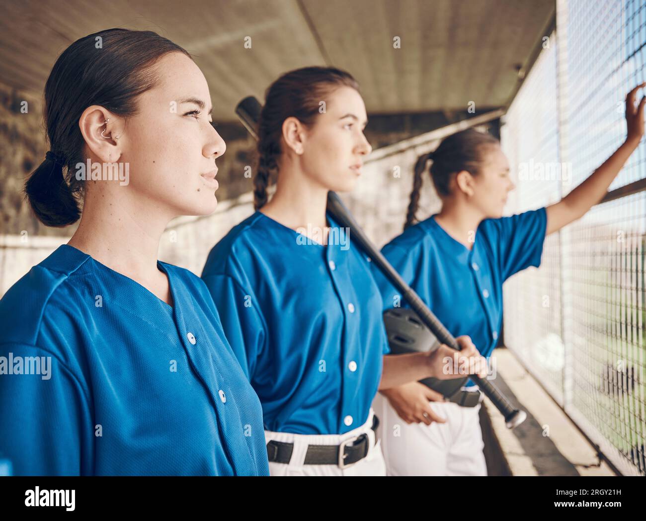 Women, softball and sports, team in dugout and watch game with fitness ...