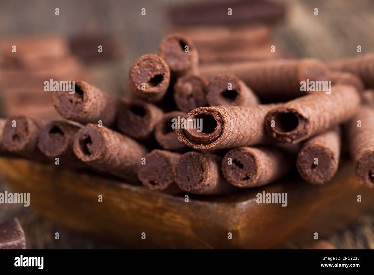 chocolate tubes with chocolate filling, dessert of chocolate waffle ...